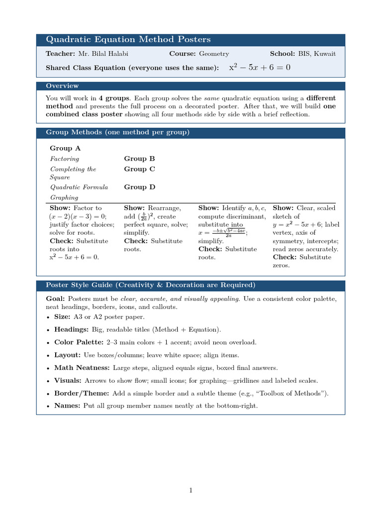 Quadratic Equation Poster Project Rubric | PDF | Quadratic Equation ...