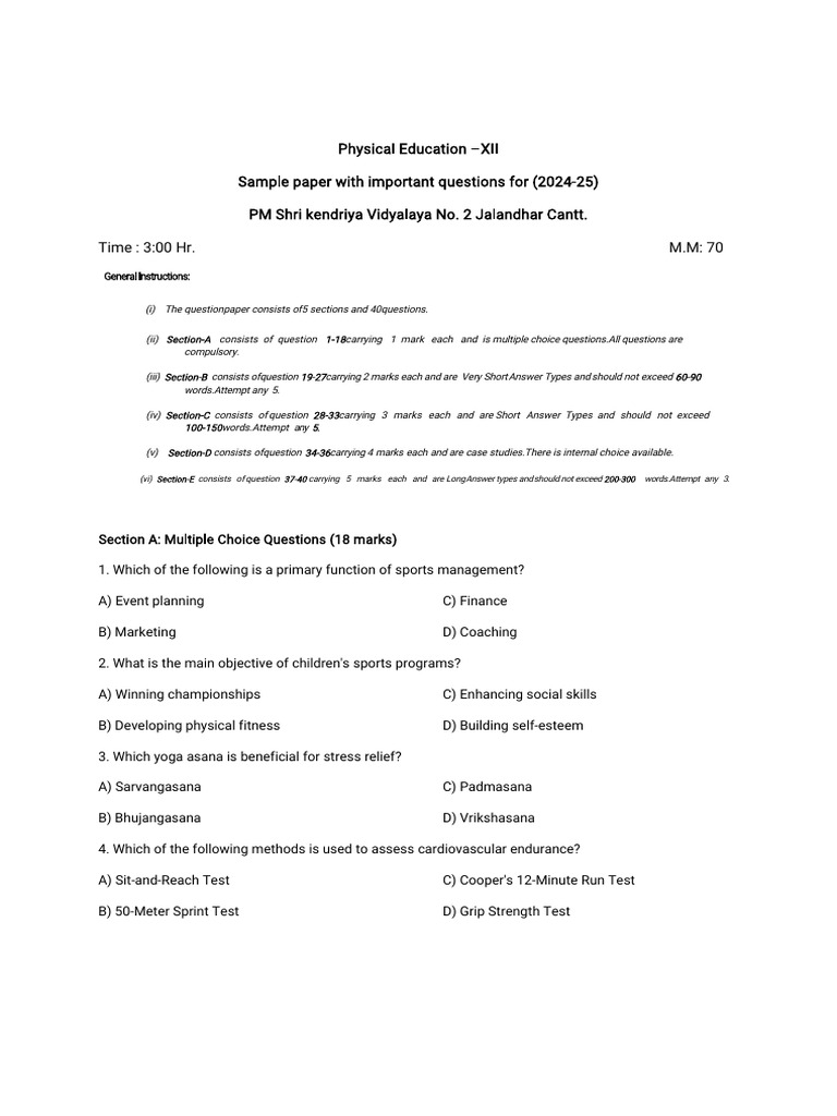 Physical Education Sample Paper With Important Questions For 2024-25 ...