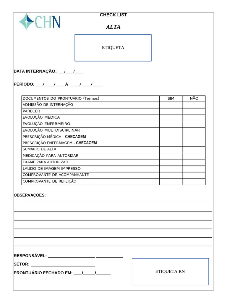 Checklist de Alta Hospitalar | PDF