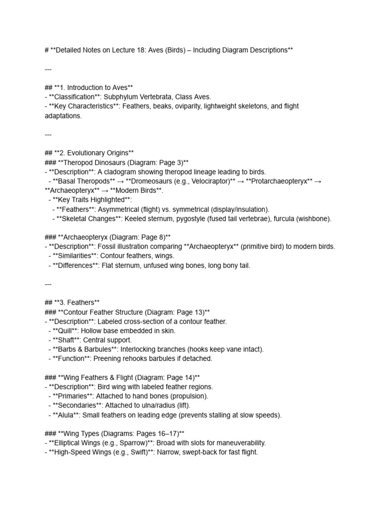 Detailed Notes On Lecture 18 - Aves (Birds) - Including Diagram ...