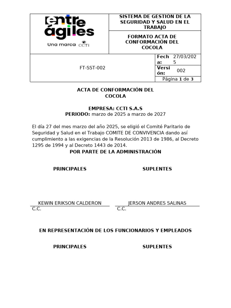 FT-SST-006 Formato de Acta de Conformación Del COCOLA | PDF | Gobierno