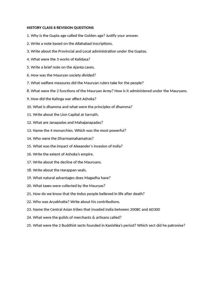 History Ncert Class 6 Revision Questions | PDF