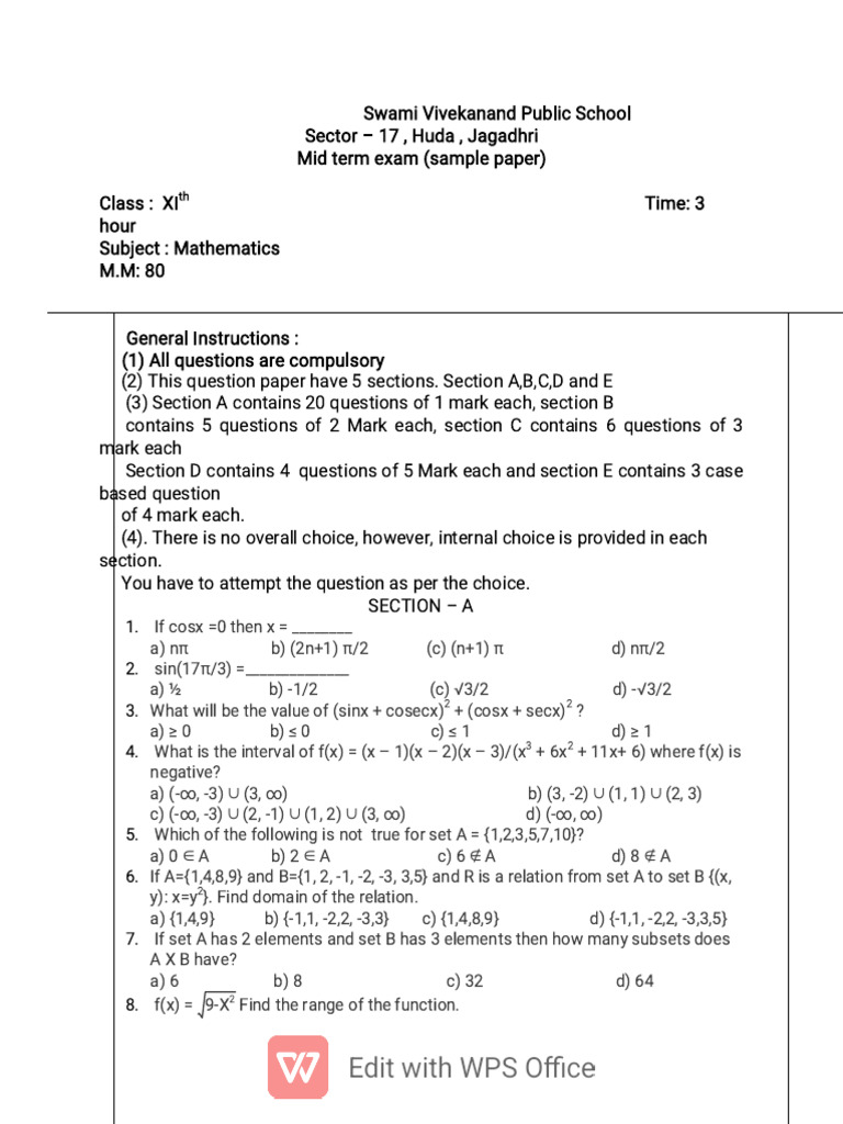 Class11th Mid Term 2024 Sample Paper Maths | PDF | Angle ...
