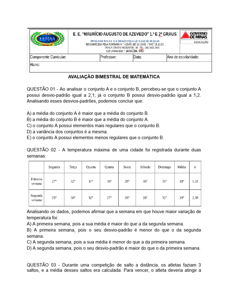 3º. Ano Avaliativo 01042025 | PDF | Desvio padrão | Média