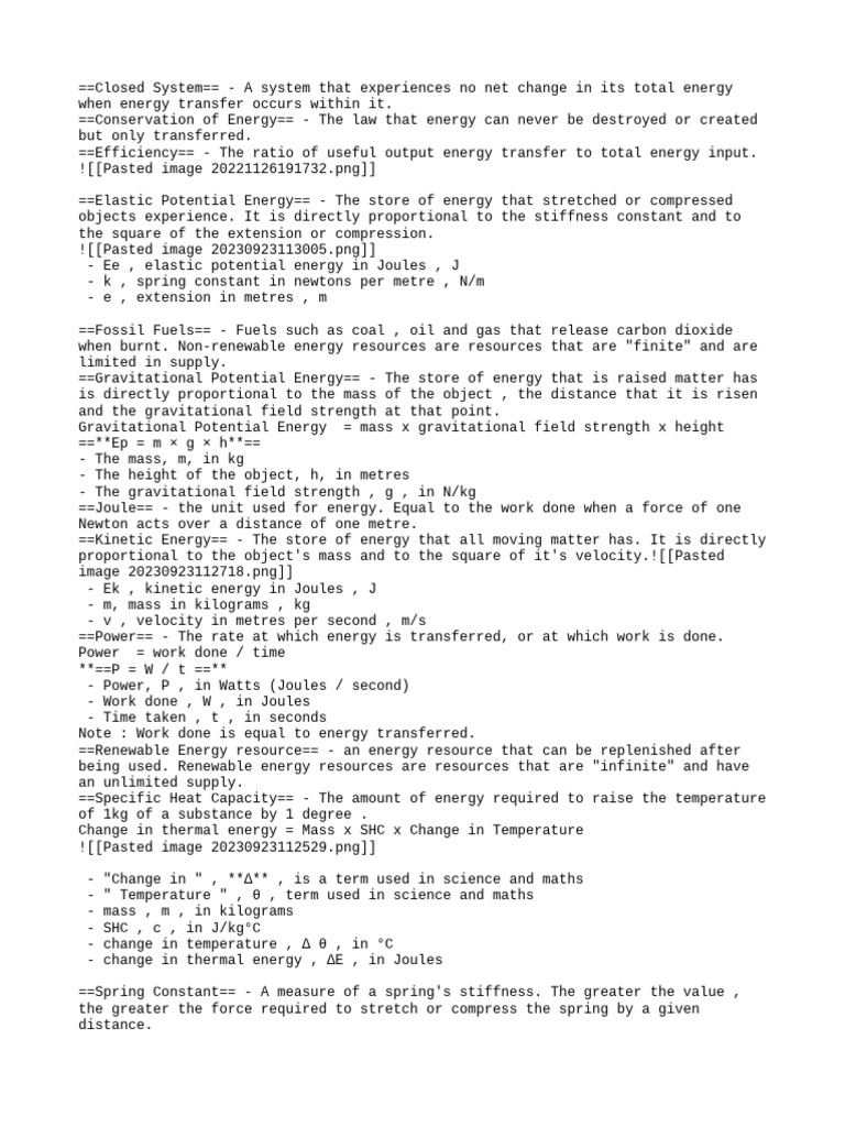 P1 - Energy Revision Sheet | PDF | Mass | Potential Energy