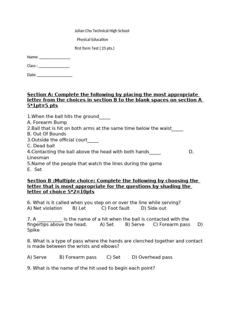 Volleyball Test for Physical Education | PDF