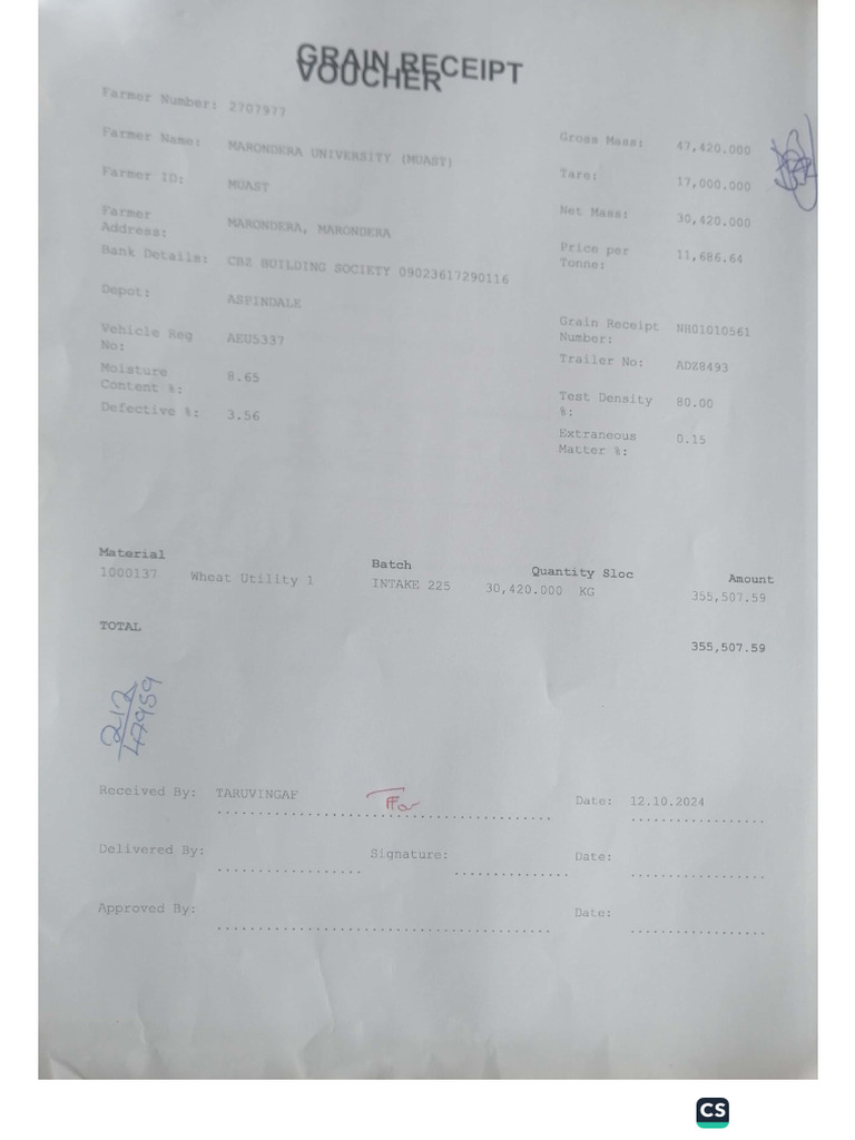 Grain Receipt Voucher Marondera | PDF