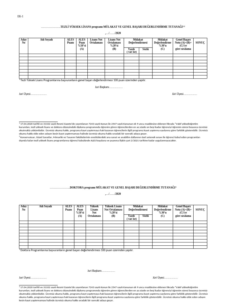 EK1 - Mülakat Tutanağı Tablosu | PDF