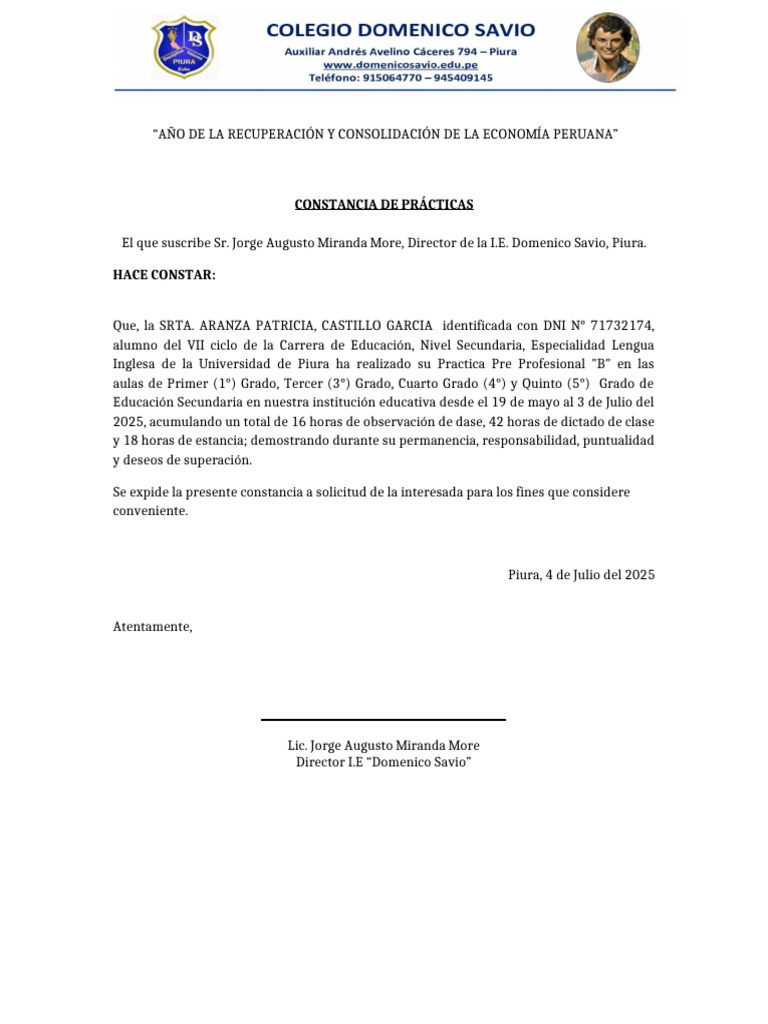 Constancia Practica PreProfesional | PDF