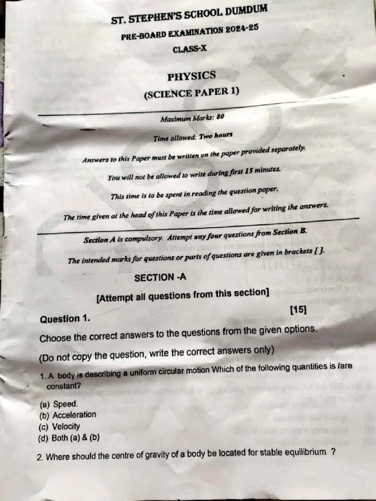 ST Stephens Pre Boards Physics | PDF | Electronvolt | Acceleration