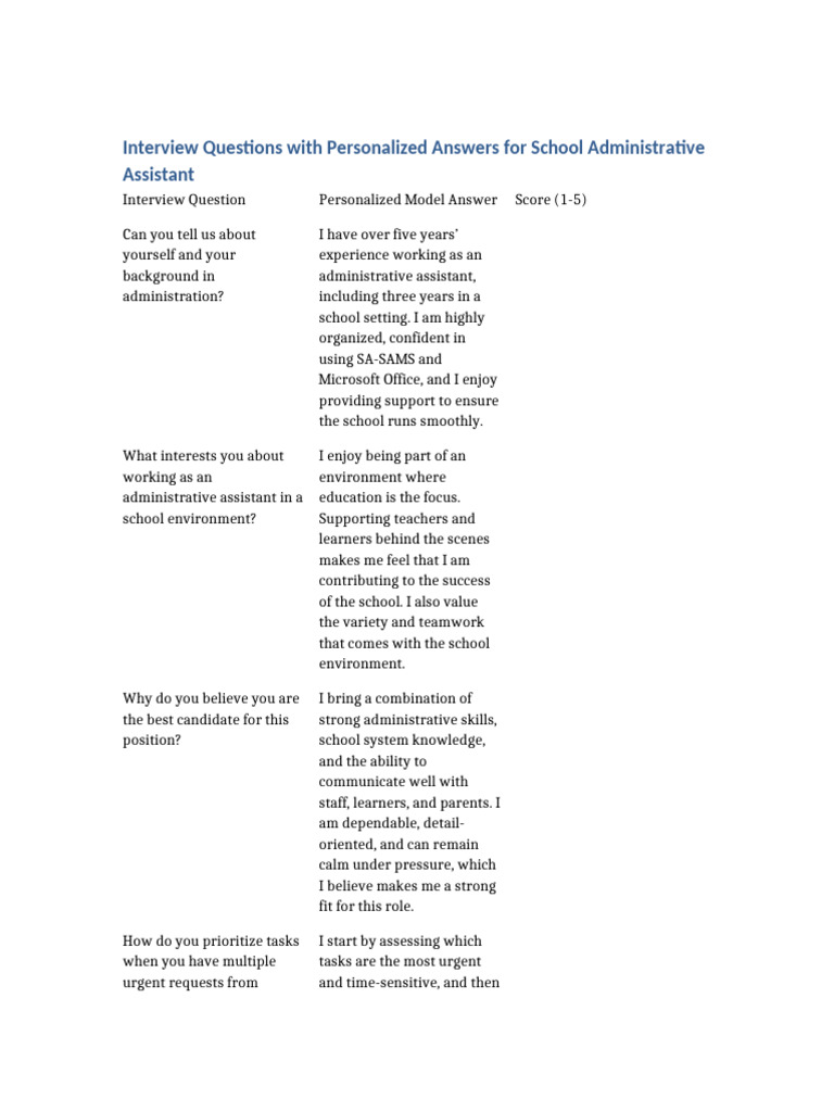School Admin Assistant Interview Questions Personalized | PDF ...