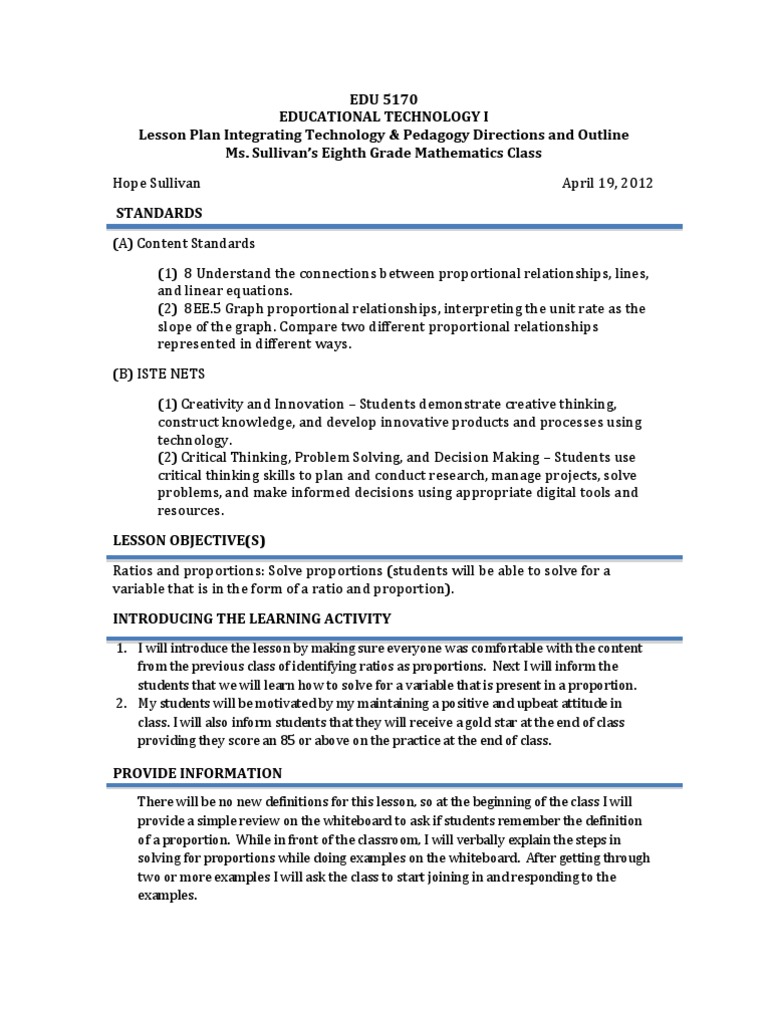 Lesson Plan: Ratios and Proportions | PDF | Lesson Plan | Critical Thinking