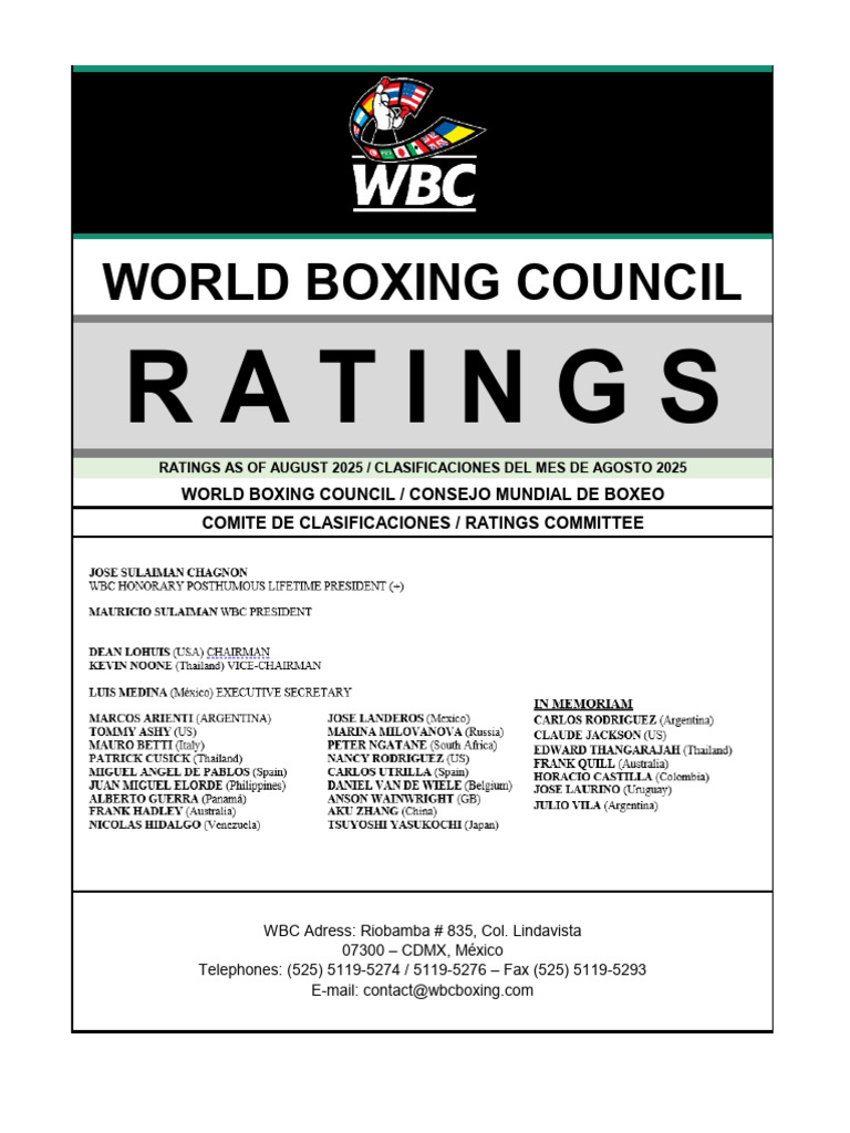 WBC Rankings August 2025 Overview | PDF | World Boxing Champions ...