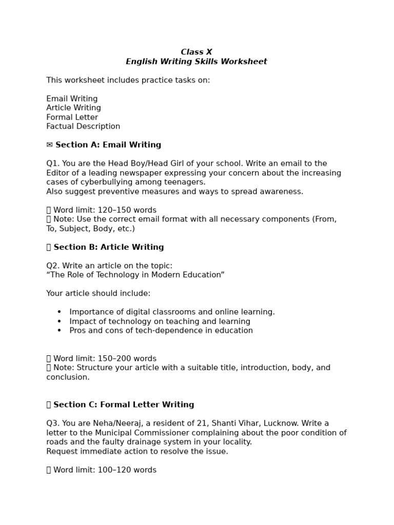Class X Worksheet (Writing Skills) | PDF