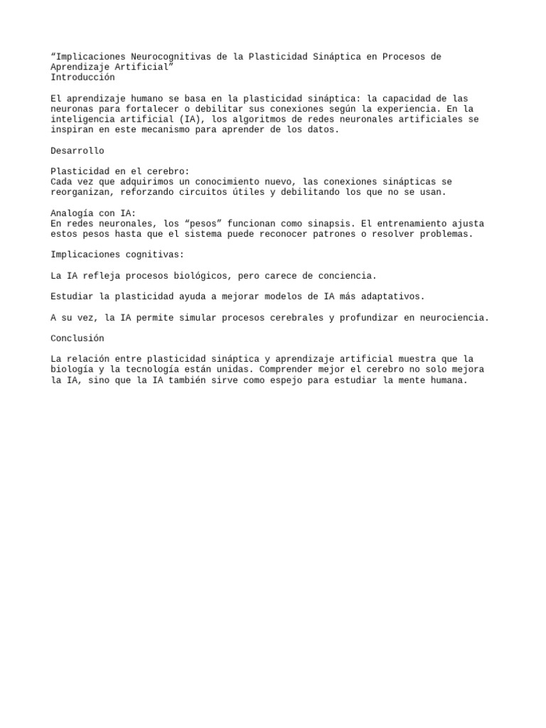 Implicaciones Neurocognitivas de La Plasticidad Sináptica en Procesos de Aprendizaje Artificial ...