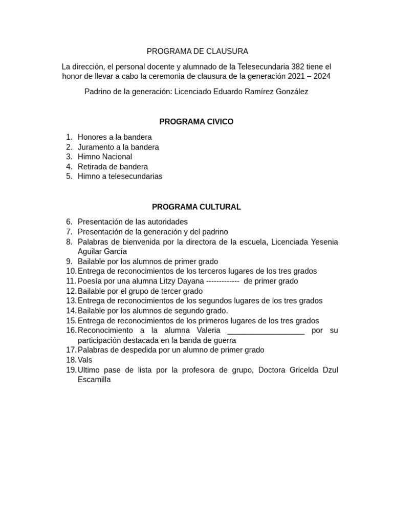 Programa de Clausura Telesecundaria 382 | PDF