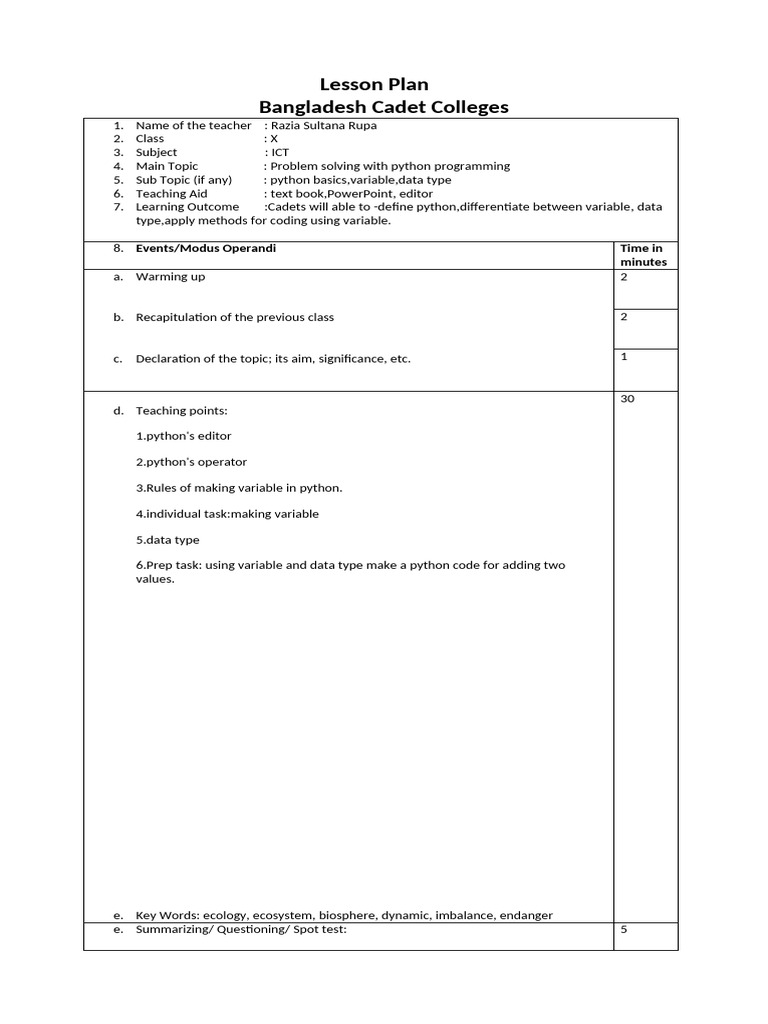 Python Programming Lesson Plan | PDF