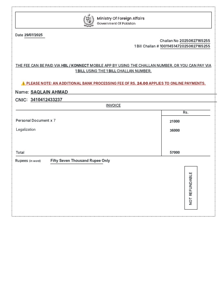 MOFA Challan Payment Details | PDF