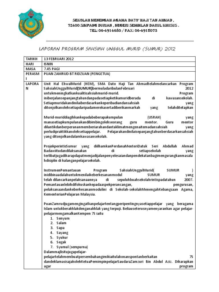 Laporan Program Sahsiah Unggul Murid | PDF