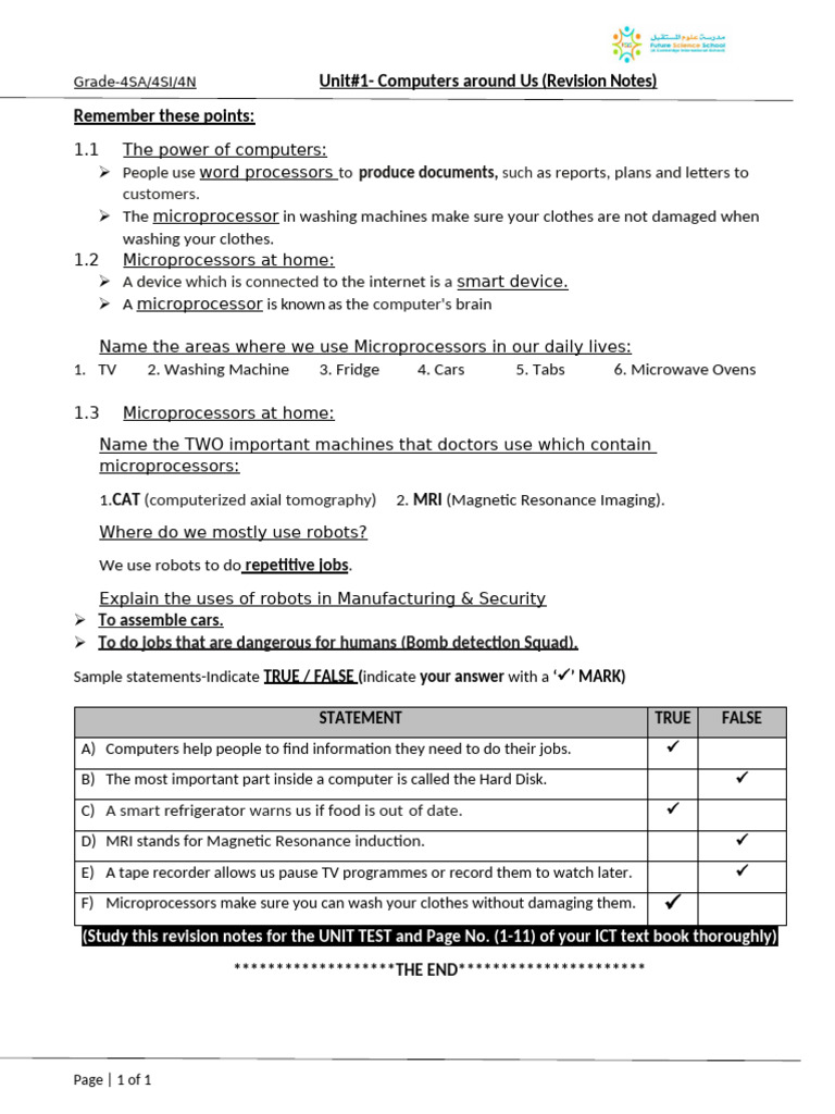 Grade 4 Unit#1 Computers Around Us (REVISION NOTES Part 1) CHECKED | PDF