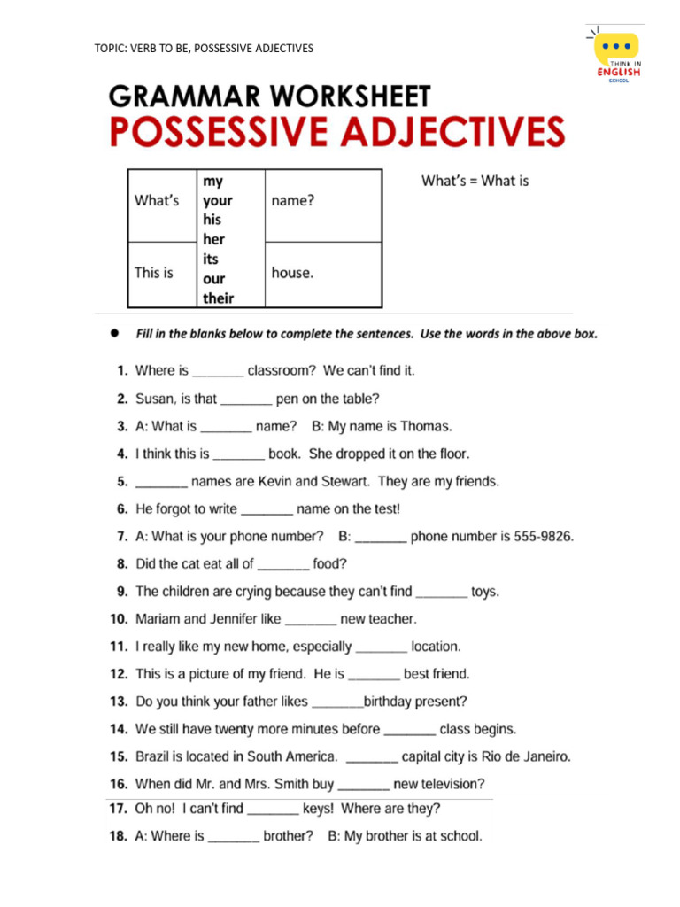 Verb To Be & Possessive Adjectives Games | PDF