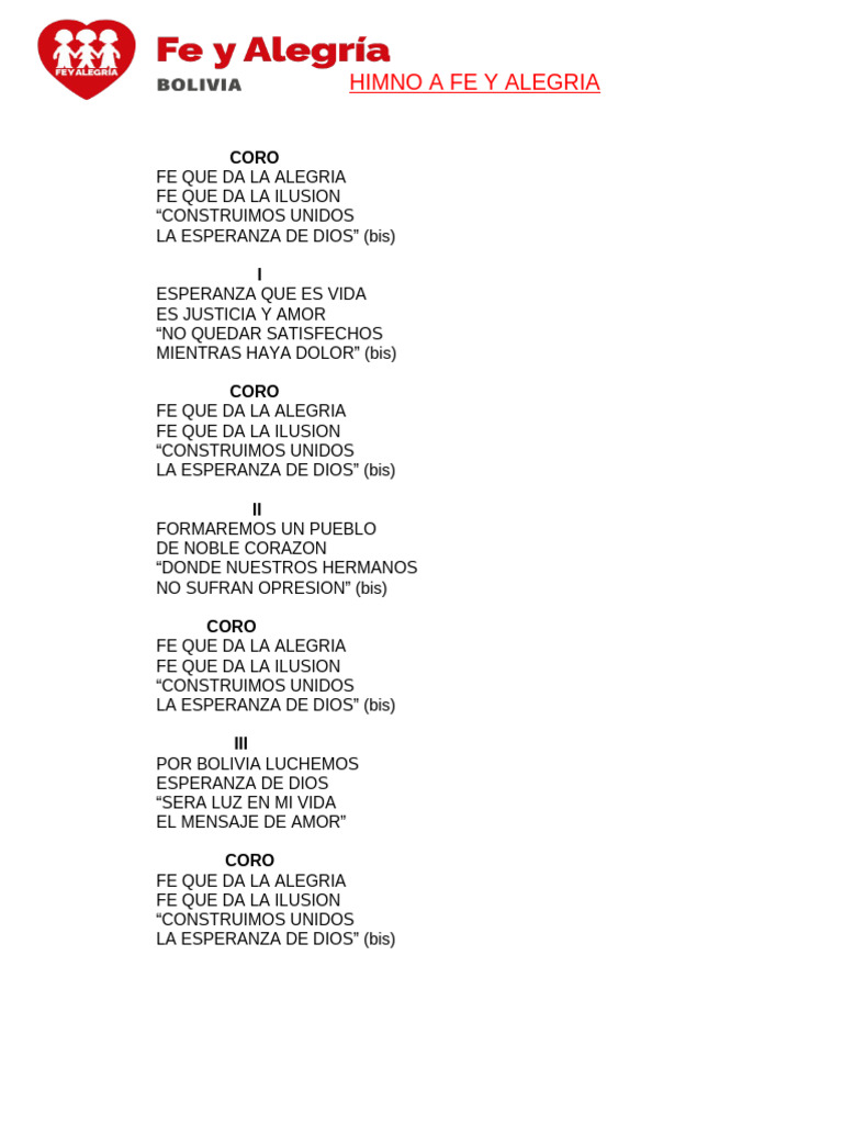 Himno de Fe y Alegría: Letra y Mensaje | PDF