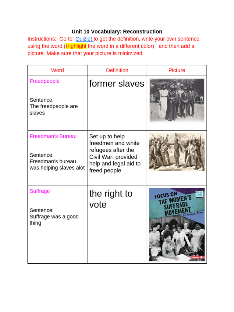 Bhavaj Guturu - Unit 10 Vocabulary - Reconstruction | PDF | Freedman ...