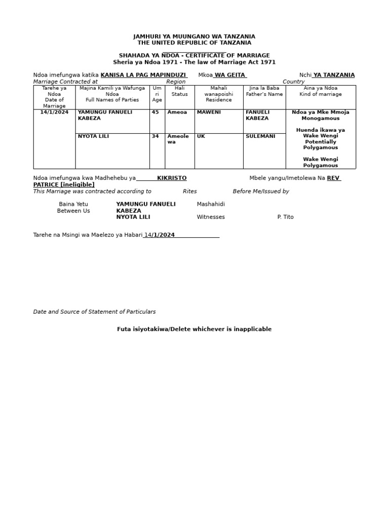 Tanzania Marriage Certificate Sample | PDF