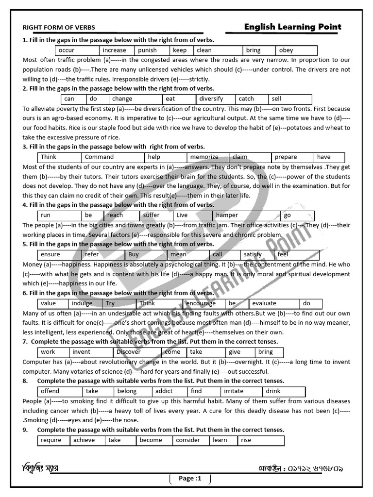 Right Form of Verbs Exercises | PDF | Grammatical Tense