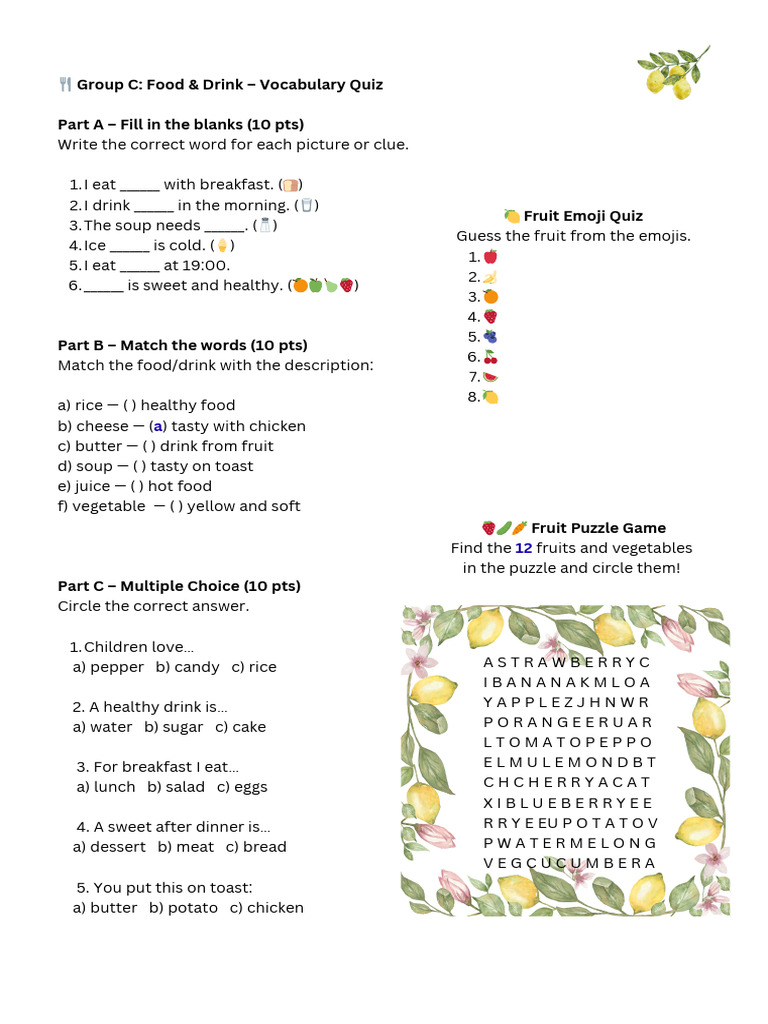 Food & Drink Vocabulary Quiz | PDF