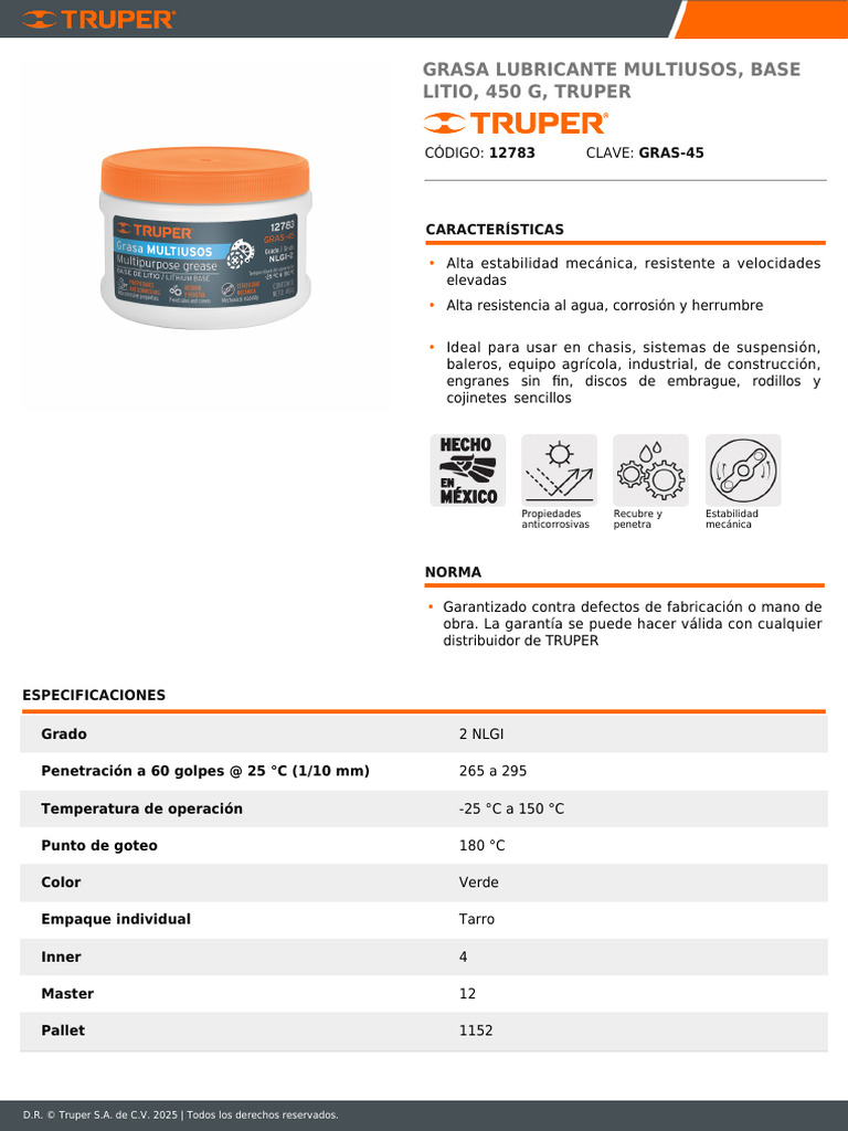 Grasa Lubricante Multiusos Truper 450g | PDF