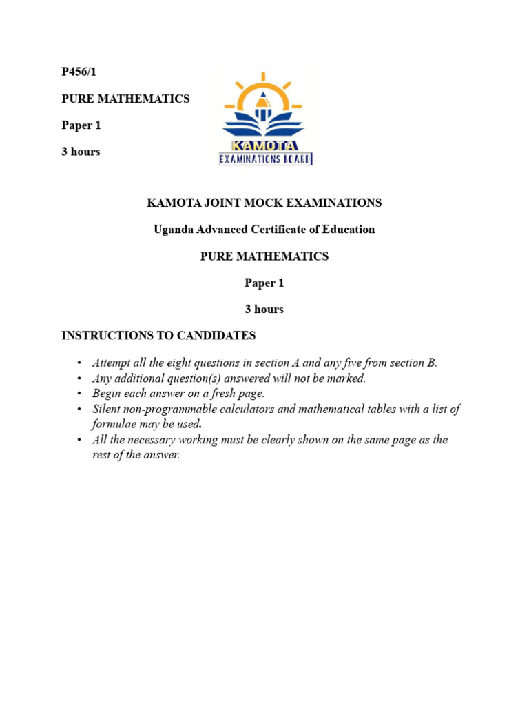 s6 Math1 Kamota Kampala Mock 2025 | PDF | Mathematics | Mathematical Objects
