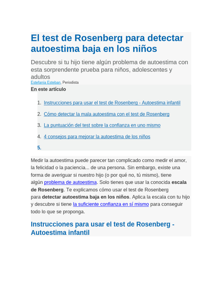 Test de Rosenberg: Autoestima Infantil | PDF | Autoestima | Ciencias ...