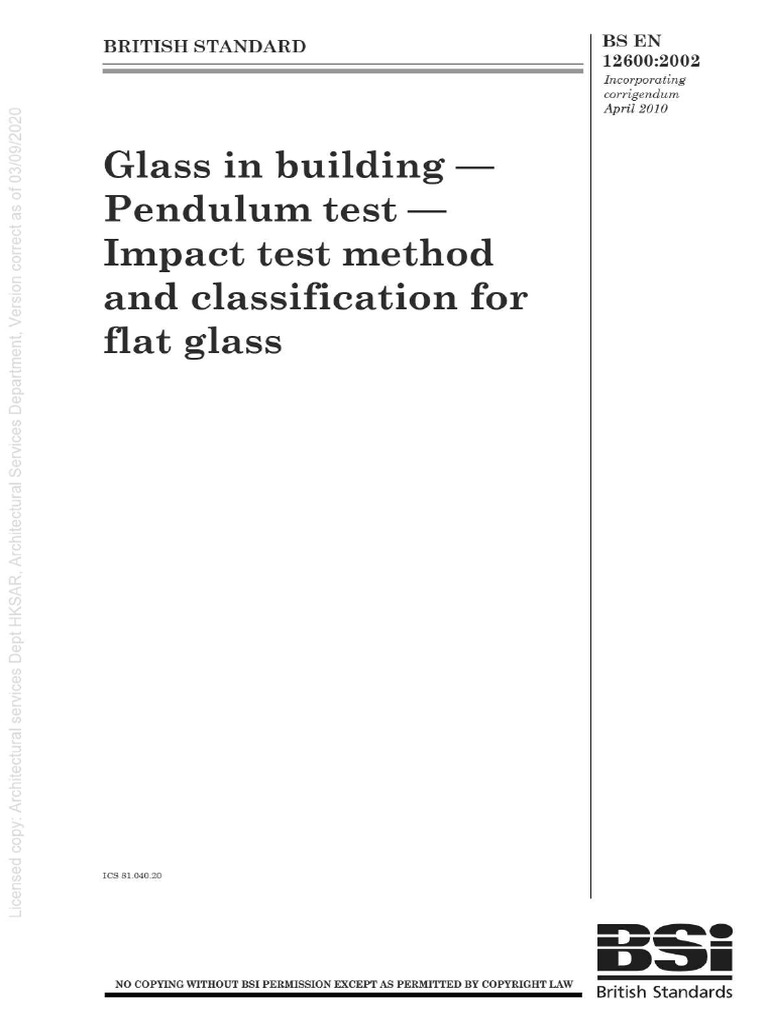 BS en 12600-2002 Glass in Building - Pendulum Test - Impact Test Method ...