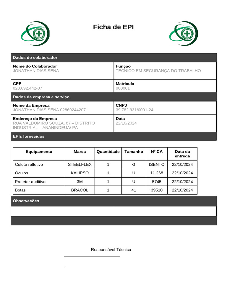Ficha de EPI para Jonathan Dias Sena | PDF