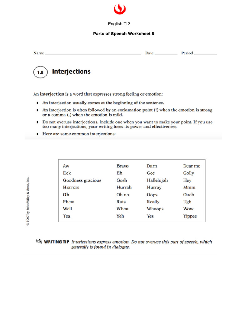TI2 Parts of Speech Interjections | PDF