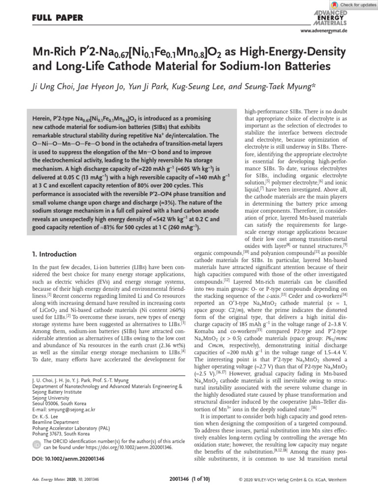 Advanced Energy Materials - 2020 - Choi - MN Rich P 2 Na0 67 Ni0 1fe0 ...