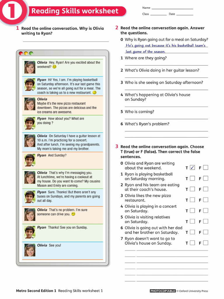 Metro2e L1 Reading Worksheets 1 8 | PDF