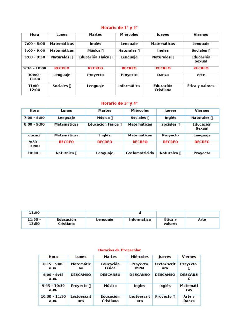 Horario Escolar 1° a 4° Grado | PDF