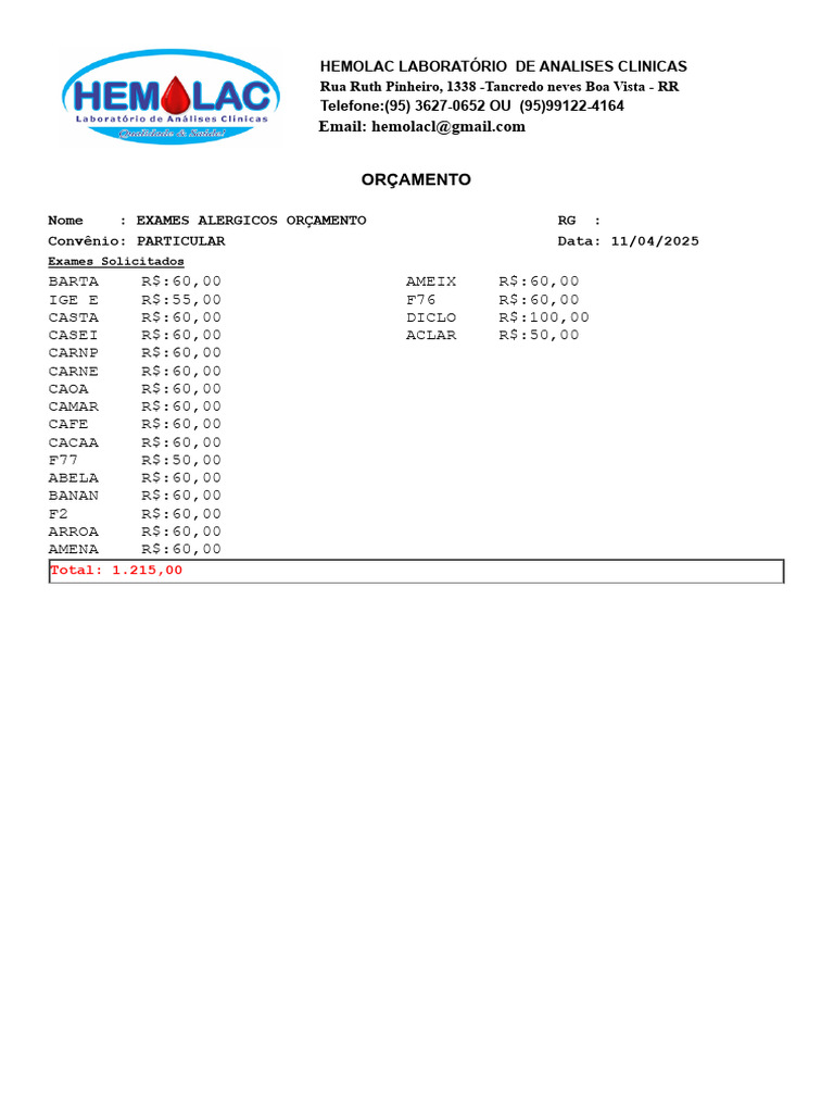Exames Alergicos Orçamento | PDF