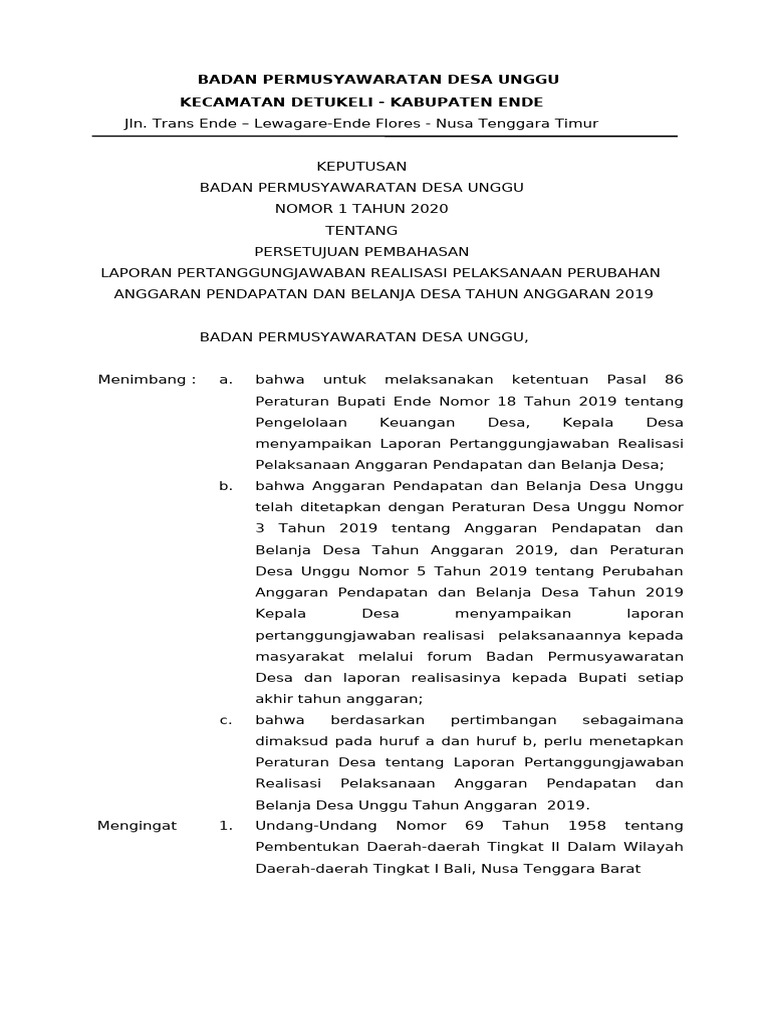 Persetujuan Laporan APBDes Unggu 2019 | PDF