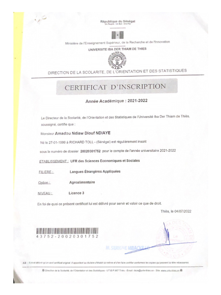 Certificat D'inscription | PDF