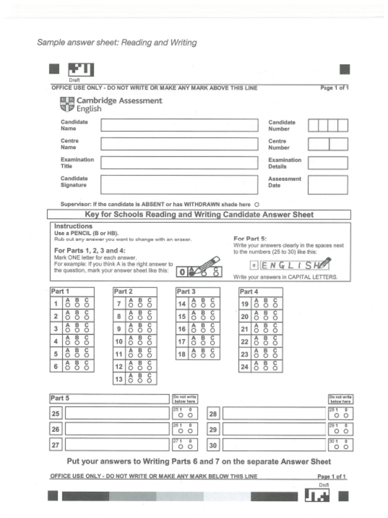 Key For Schools Reading & Writing Answer Sheet | PDF