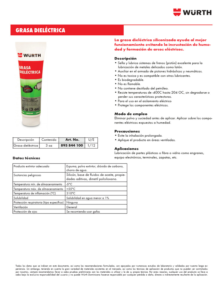 Grasa Dieléctrica Wurth: Protección y Lubricación | PDF | Lubricante | Agua