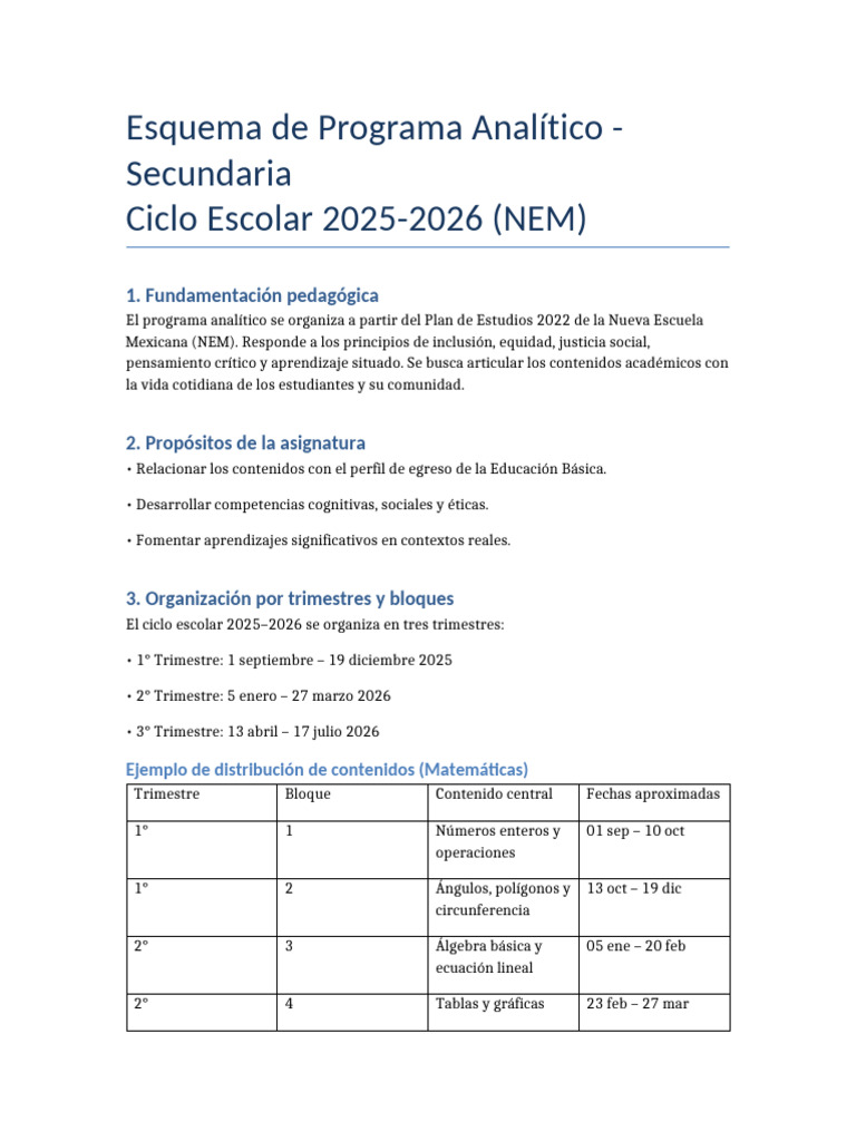 Esquema Programa Analitico Secundaria 2025-2026 | PDF | Aprendizaje | Inclusión (Educación)