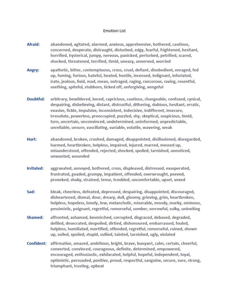 Comprehensive Emotion List PDF | PDF | Psychology | Emotions