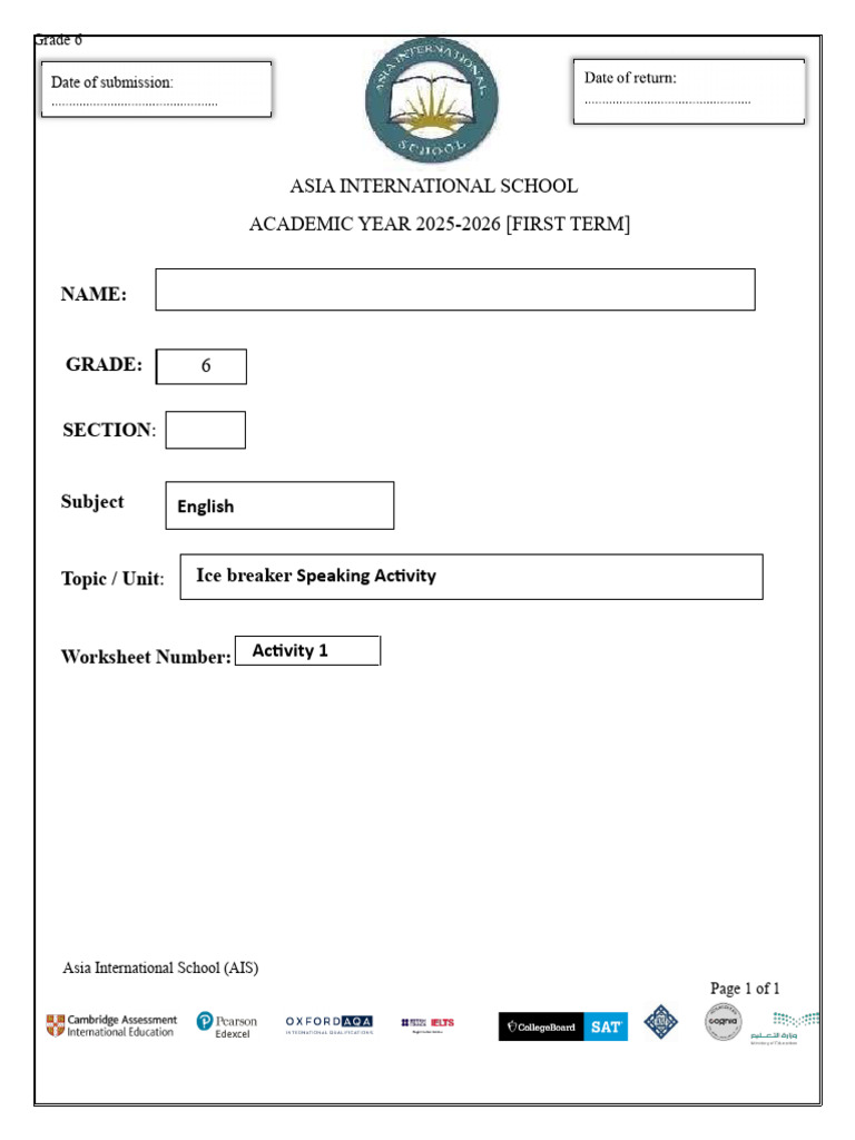 Ice Breaker Speaking Activity Gr. 6 | PDF