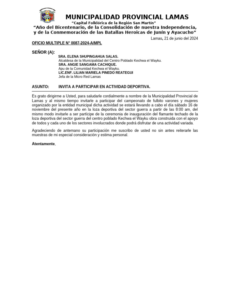 Oficio Invitacion Deporte | PDF