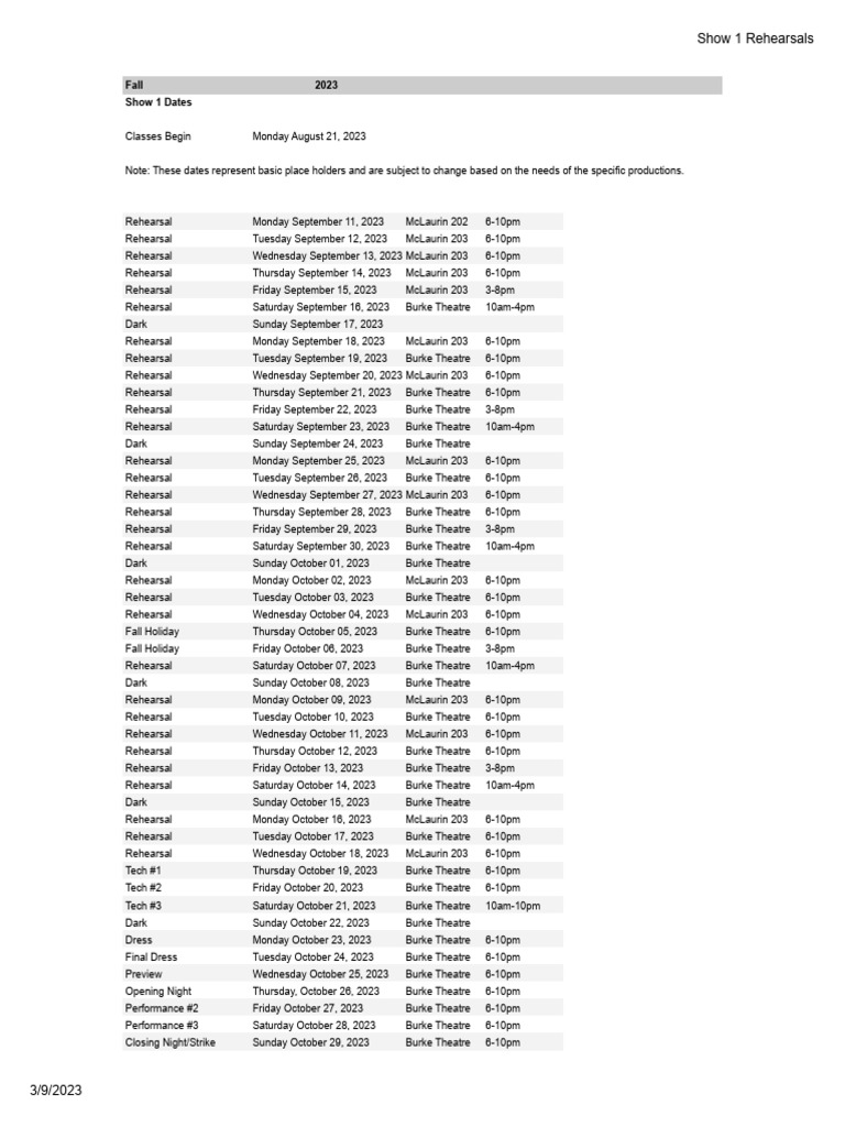 New UL PFAR Calendar - Show 1 Rehearsals | PDF