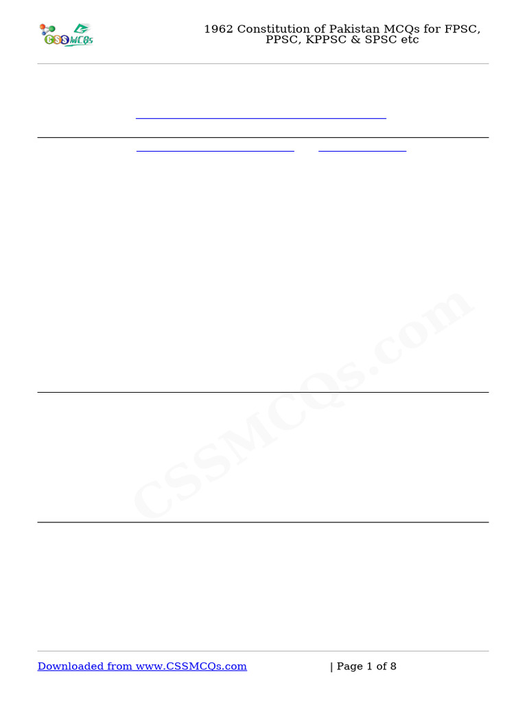 1962 Constitution of Pakistan MCQs For FPSC, PPSC, KPPSC & SPSC Etc ...